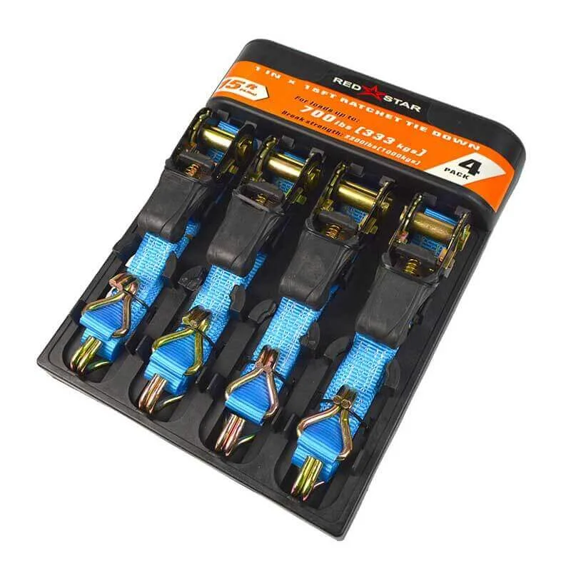 Ratchet Strap With S-Hook 4pc Set 25mm x 1 Ton x 4.5m